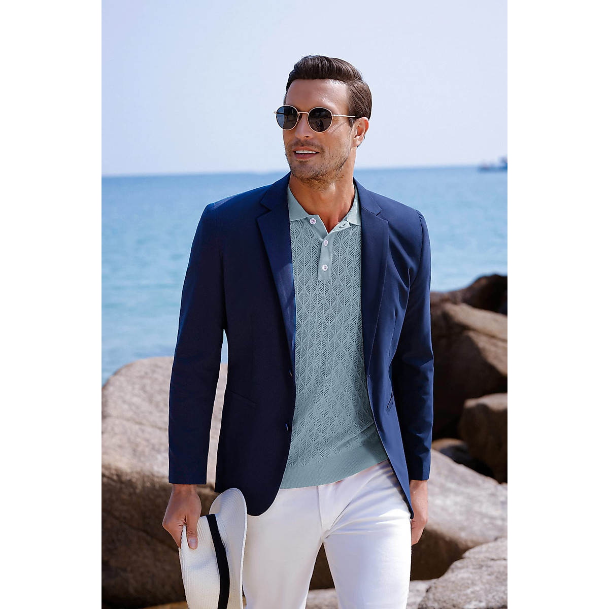 Mens Short Sleeve Polo Shirts Vintage Contrast Texture Knit Lightweight Pullover Tops for Golf Sport M Grey Blue