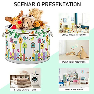 Colorful Birds and Birdhouses Raster Tree Branches Leaves Flowers Round Storage Basket Waterproof Print Collapsible Fabric Cube With Cotton Rope Handles Laundry Bag Organizer Toys Clothes for Room
