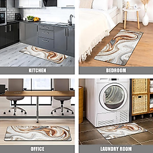 Kitchen Mats for Floor Anti Fatigue Floor Marble Cushioned Memory Foam Non Slip PVC Leather Padded Comfort Standing Rugs Set of 2, Abstract Golden Swirl Design, C1