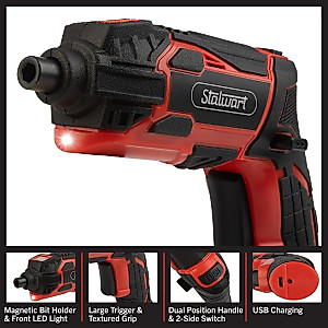 4V Electric Screwdriver 45-Piece Set - Rechargeable Cordless 4.5Nm 250RPM Screw Gun with Dual Position Grip and LED Light by Stalwart (Red)