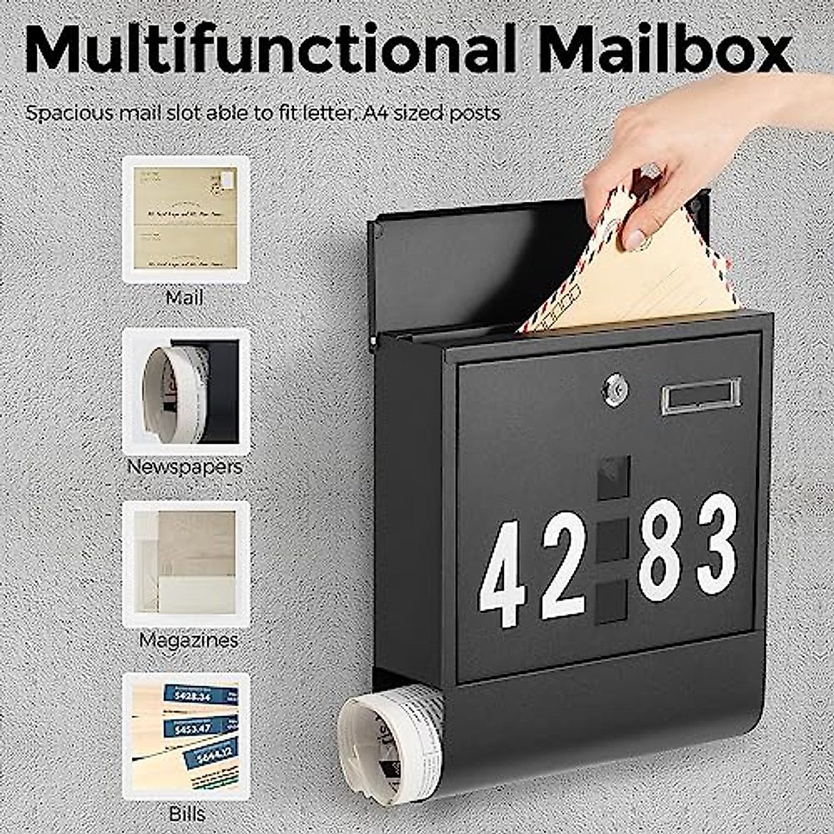 LAND·VOI Locking Mailbox with 4 Keys, Wall Mounted Metal Postbox，Nameplate, Newspaper Holder, Easy to Install, 3.4 x 11.8 x 13.3 Inches, Includes Vinyl Mailbox Numbers, Matt Black