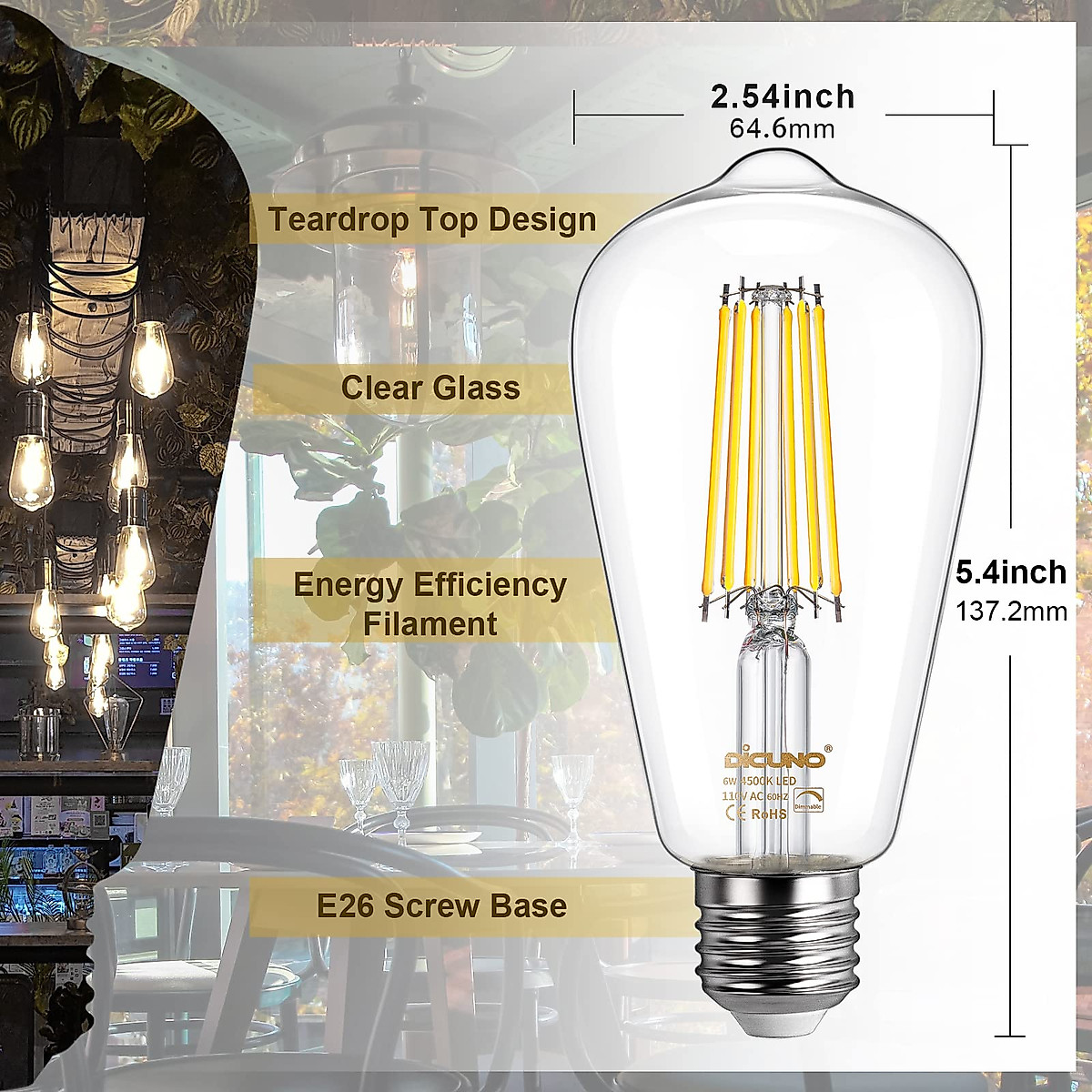 DiCUNO LED Edison Bulb 60 Watt Equivalent, Daylight White 4500K, Dimmable Edison Bulbs ST64, Antique LED Filament Bulb for Kitchen Lighting, 800 LM, Clear Glass, Pack of 4