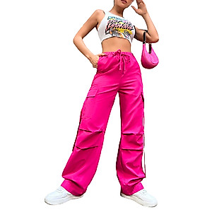 GORGLITTER Women's Drawstring Cargo Pants Flap Pocket High Elastic Waisted Baggy Pants Trousers Hot Pink Medium