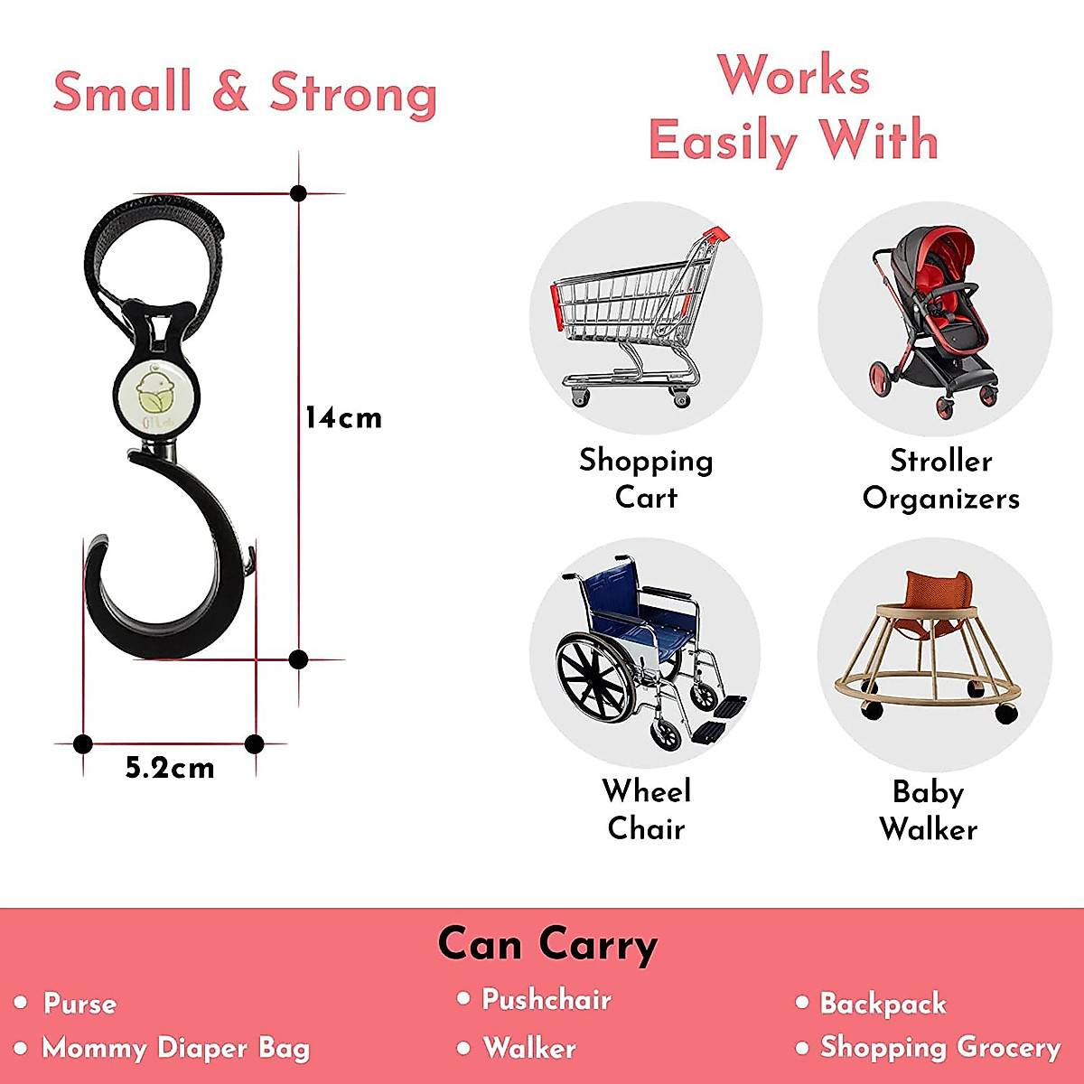 QT Lab -Stroller Hook, Stroller Hooks for Diaper Bags, Stroller Hook Large, Stroller Bag Clips, Stroller Hooks for Hanging, Stroller Straps, Hook for Mommy Stroller, Stroller Hanger, 2 pack Heavy Duty