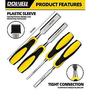 DOWELL Wood Chisel Tool Set 4pc Sturdy Chisel, 1/4 inch,1/2 inch,3/4 inch,1 inch with Carpenter Pencils HY080103