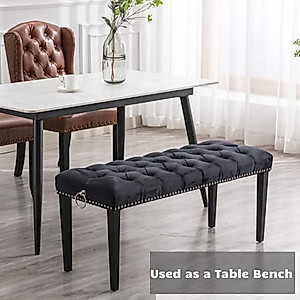 HEAH-YO Modern Velvet Tufted Bench, 18" Seat Height Upholstered Ottoman Dining Bench with Pull Rings, Nailhead Trim Footstool for Entryway Bedroom Kitchen Dining Table, Black