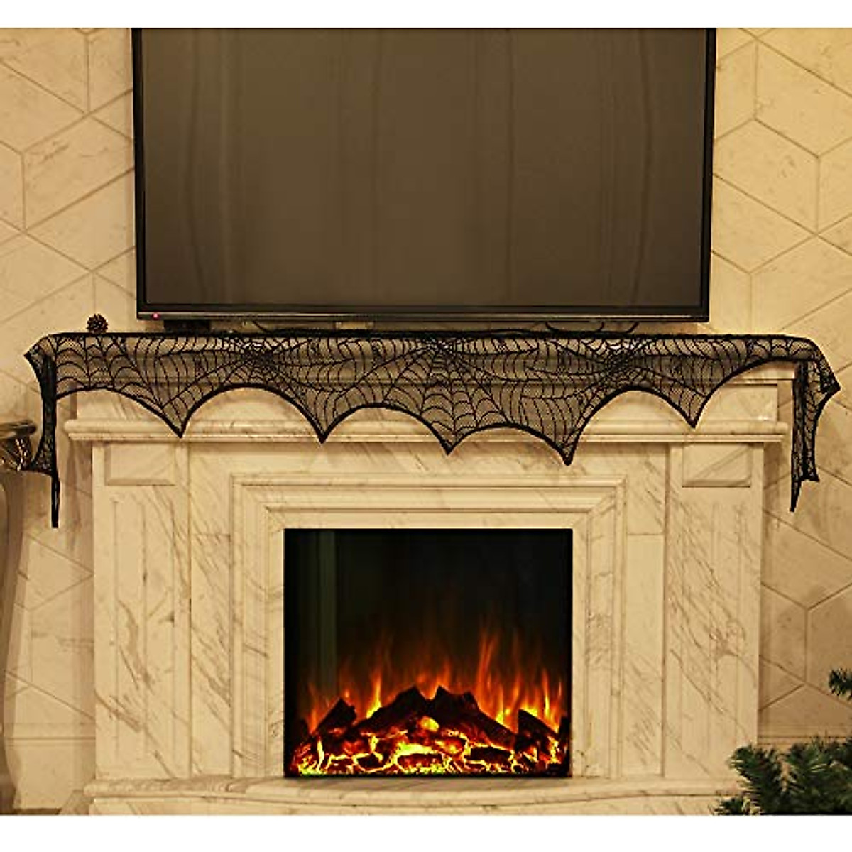 Lulu Home Halloween Fireplace Decorations, Fireplace Mantle Scarf Cover, Black Lace Spider Web for Door, Window and Fireplace Decoration, Halloween Decorations