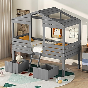 Twin House Bed with Storage Drawers Low Loft Beds Wood Playhouse Bed Frame for Kids Boys Girls Children, Gray