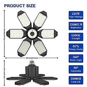 Led Garage Lights 6 Pack 220W Led Garage Ceiling Lights 6+1 Panels Super Bright Deformable Garage Lights Screw into E26/E27 Base Garage Light for Shop Basement Workshop Attic