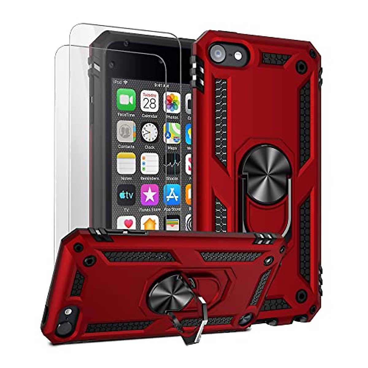 ULAK Compatible with iPod Touch 7 Case/iPod Touch 6 Case with 2 HD Screen Protectors, Hybrid Rugged Shockproof Cover with Built-in Kickstand for iPod Touch 7th/6th/5th Generation (Red)