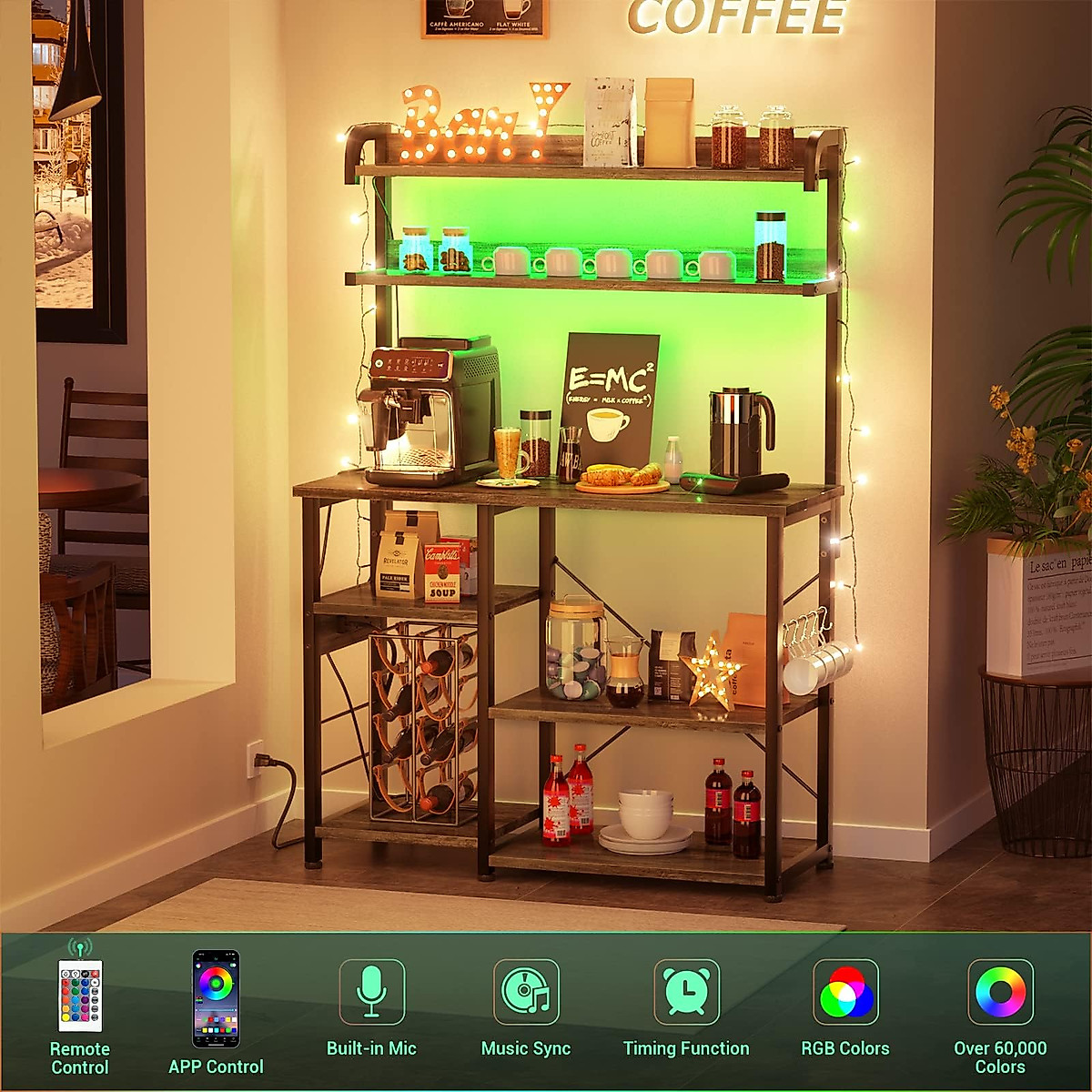 Topfurny Bakers Rack with Power Outlets and Led Lights, Coffee Station, Kitchen Storage Shelf, 7-Tier Microwave Stand Cart Coffee Bar Table Organizer, for Spice, Pots and Pans Organizer, Rustic Brown