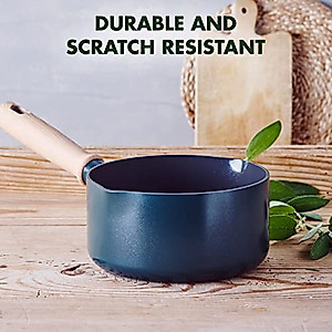 GreenPan Hudson Healthy Ceramic Nonstick, 1.75QT Saucepan Pot, Vintage Wood Inspired Handle, PFAS-Free, Dishwasher Safe, Forest Green
