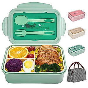 Porzu Bento Lunch Box, 1400 ML Lunch Box Meal PrepFor Kids & Adults，3 Compartments Portable Food Container with Utensil (Green)