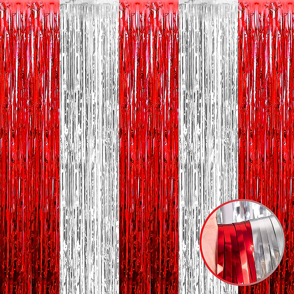 4 Pack Silver Red Foil Fringe Curtain Backdrop, 3.28Ft x 6.56Ft Metallic Tinsel Foil Fringe Streamers Curtains for Photo Booth, Wedding, Circus Welcome Carnival Birthday Party Decoration