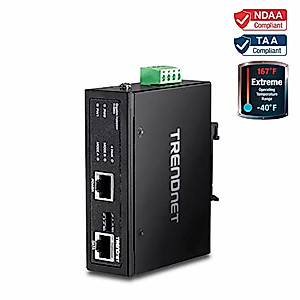TRENDnet Hardened Industrial 60W Gigabit PoE+ Injector, DIN-Rail Mount, IP30 Rated Housing, Includes DIN-Rail & Wall Mounts, TI-IG60,Black