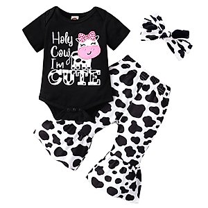 GRNSHTS Newborn Girl Clothes Baby Cow Letter Print Romper+Flared Long Pants+Headband 3PCS Cute Summer Fall Outfits (Black A, 0-3 Months)