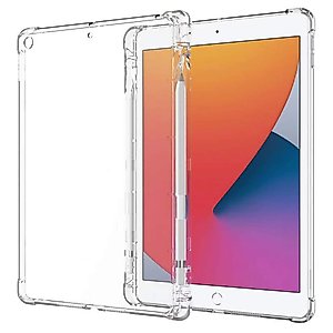 SFFINE Clear Case for New iPad 10.2 7th/8th/9th Generation 2021/2020/2019 with Pencil Holder, Shockproof Thin Slim Transparent Flexible TPU Gel Silicon Back Cover Protective Shell Fit iPad 10.2 Inch
