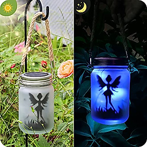 Alritz 2 Pack Solar Lantern Fairy Lights, Garden Ornament Lights - Outdoor Hanging Frosted Glass Mason Jar Lights for Tree, Table, Yard, Garden, Patio, Lawn (Blue)