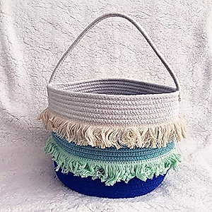 Rope Easter Basket for Kids - Easter Rope Basket with Tassel Encircled, Easter Blues Boys Basket, 9.5"D × 8"H Size, Design by QLTLQS-1986 (Blue)