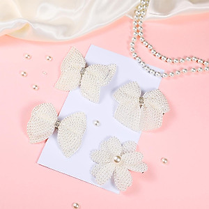 Chuangdi 4 Pieces White Rhinestone Hair Bows for Girls, Cute Pearls Hair Bow with Alligator Hair Clips Beads Hairgrip for Women Baby Teens Toddlers Children Hair Styling
