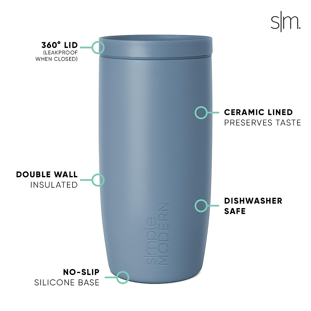 Simple Modern Travel Coffee Mug Tumbler with 360° Lid | Ceramic-Lined Insulated Stainless Steel Cold Brew Iced Coffee Cup Thermos | Gifts for Women Men Her Him | Voyager Signature | 16oz | Blue Dune