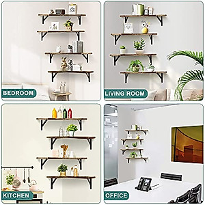YSBYWSYR Corner Floating Shelves Wall Mounted, Set of 4 Rustic Wood Hanging Shelf for Bedroom, Living Room, Bathroom, Kitchen, Office and More