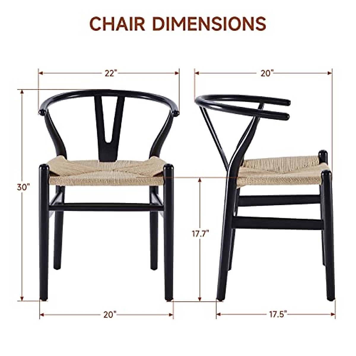 Farini Wishbone Chairs for Dining Room Solid Wood Rattan Chair Armchairs Y Shaped Backrest Hemp Seat for Home Restaurant Fully-Assembled(Set of 2,Black-Beige Seat)