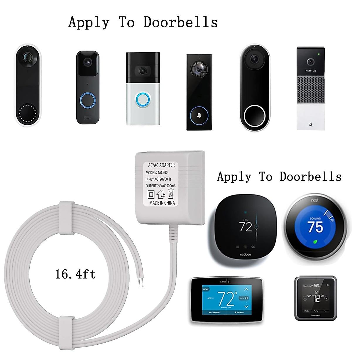 24V Doorbell Power Adapter for Video Doorbells & Thermostats Compatibility with Ring, Nest Hello, Wyze, Eufy, Ecobee, Sensi, Honeywell, and More Long 16.4FT C Wire Power Supply（White）
