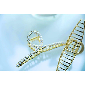 2 PACK Strong Large Pearl Metal CZ Aleck Hair Clip, Nonslip Large Claw Clip, Big Hair Claw Clips For Women (L-GOLD)