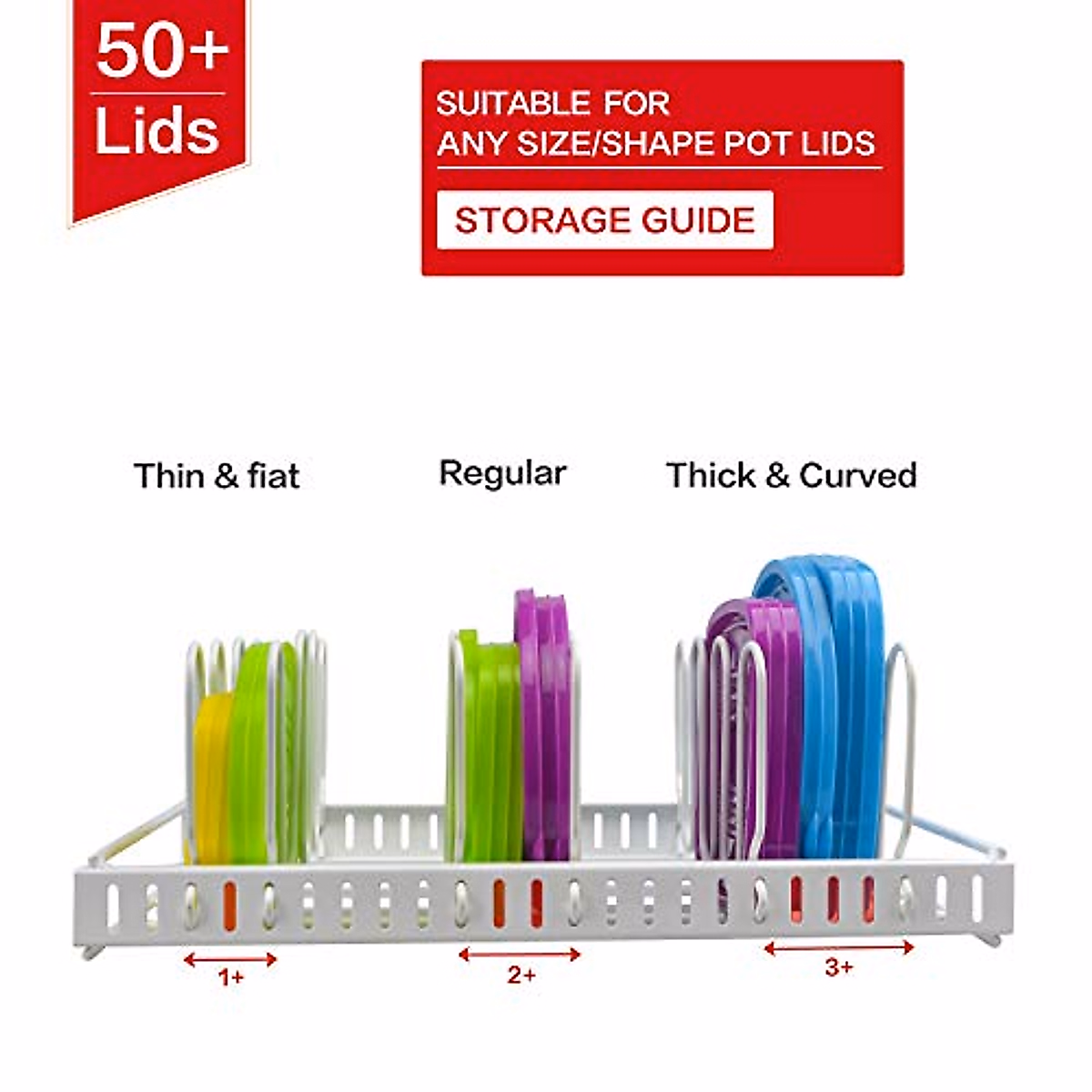 Update White Food Container Lid Organizer&Adjustable Metal Lid Holder Rack 6 Dividers Storage Container Lid organizer for Cabinets, Cupboards, Pantry, Drawers to Keep Kitchen Tidy(Patent Pending)