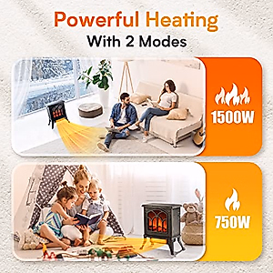 Electric Fireplace Heater, Infrared Space Heater with 3s Fast Heating, 1500W 750W 2 Modes, 3D Flame Effect, Overheat Tip-Over Protection, Brightness Adjustable, Safe Free Standing Stove Without Noise