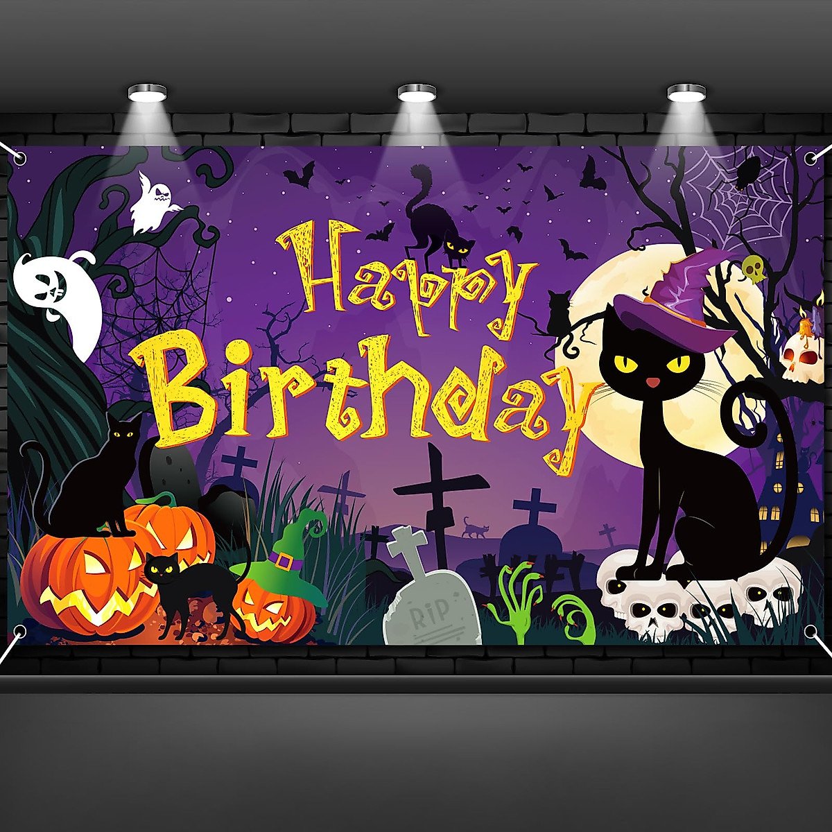 WovWeave Halloween Birthday Party Decorations 5.9 x 3.6 ft Happy Birthday Backdrop Banner Black Cat Evil Pumpkin Ghost Skull Banner for Halloween Birthday Photo Booth Background Indoor Outdoor Decor