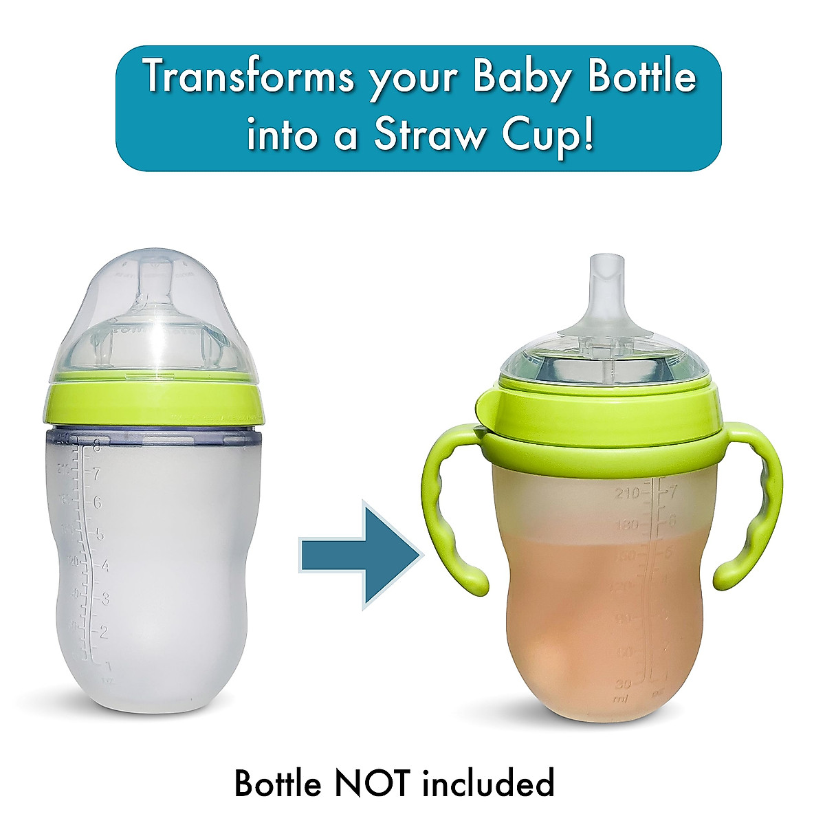 Straw Cup Conversion Kit for Comotomo Baby Bottles | 2-Count | with Soft Silicone Straw Top Nipples, Weighted Any Angle Straw Ball, Bottle Handles and Straw Cleaning Brush (Straw Top, Green)