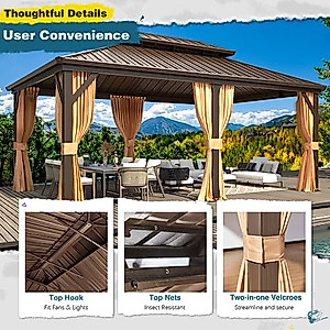 MELLCOM 12'x18' Hardtop Gazebo, Galvanized Steel Metal Double Roof Aluminum Gazebo with Curtain and Netting, Brown Permanent Pavilion Gazebo for Patio, Lawn & Garden