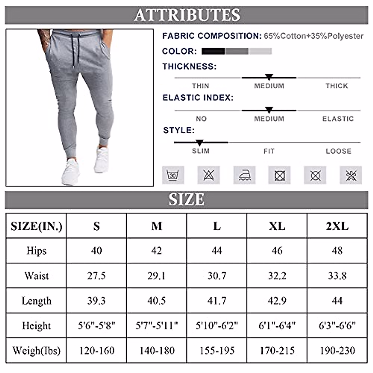 BUXKR Men's Slim Joggers Workout Pants for Gym Running and Bodybuilding Athletic Bottom Sweatpants with Deep Pockets,Light Grey,L