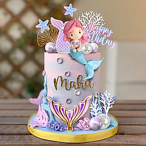 DRWATE Mermaid Cake Toppers with 3D Mermaid Shell Starfish Fishtail Balls for Kids Girls Birthday Party Baby Shower Supplies (Style1)