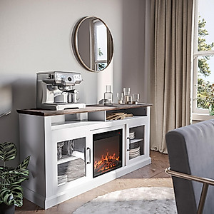 BELLEZE Modern 60" Traditional TV Stand with 18" Electric Fireplace Heater & Media Entertainment Center Console Table for TV up to 65" with Open Storage Shelves & Cabinets - Cayman (White)