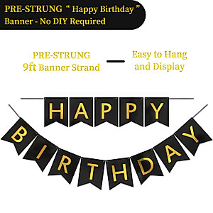 LITAUS, Black Gold Happy Birthday Banner - Pre-Strung, 9 ft, No DIY | Birthday Decorations | Happy Birthday Sign for Birthday Decor, Backdrop | Birthday Banner for Women, Men | Happy Birthday