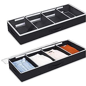 Lifewit Under Bed Clothes Organizer Large Adjustable Dividers Storage Bag with Durable Fabric, Reinforced Handle, 4 Clear Window for Clothing, Shoes, Blankets, Sweaters, Black, 2 Pack
