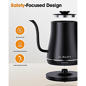 Ulalov Electric Gooseneck Kettle Ultra Fast Boiling Hot Water Kettle 100% Stainless Steel for Pour-over Coffee & Tea, Leak-Proof Design, Auto Shutoff Anti-dry Protection, 1200W-0.8L, Matte Black