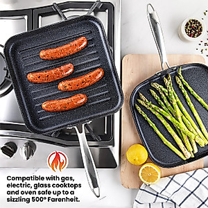 Granitestone 2 Pack Nonstick 10.5” Grill Pan + Flat Griddle Pan for Stove Top with 3x Coated Surface Perfect for Eggs Pancakes Steaks and More, Stove Top Griddle for Gas Grill, Oven Safe, PFOA Free