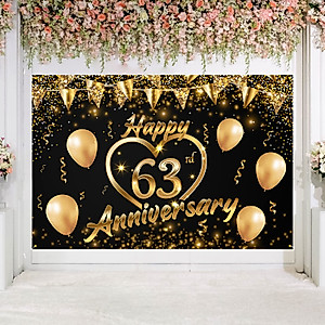 Happy 63rd Anniversary Backdrop Banner Decor Black Gold – Glitter Love Heart Happy 63 Years Wedding Anniversary Party Theme Decorations for Women Men Supplies, 3.9 x 5.9 ft