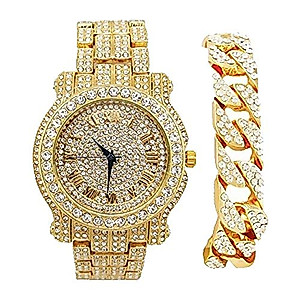 Charles Raymond Bling-ed Out Silver Round Luxury Mens Watch w/Bling-ed Out Cuban Bracelet - L0504B - Cuban (Gold)