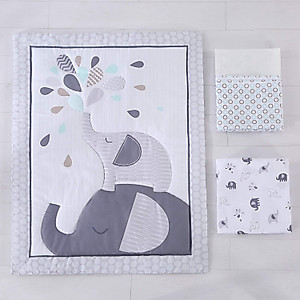 VIVILINEN Grey Elephants Baby Crib Bedding Set for Boys Girls 3 Pieces Animals Infant Nursery Baby Crib Comforter Set with Crib Bed Quilt Fitted Sheet Skirt Set for Standard Size Crib