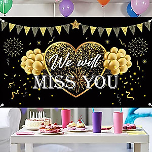 We Will Miss You Party Decorations Black Gold Going Away Party Banner Backdrop We Will Miss You Party Background Large Yard Sign Photo Booth for Grad Farewell Anniversary Retirement Party Decorations Supplies