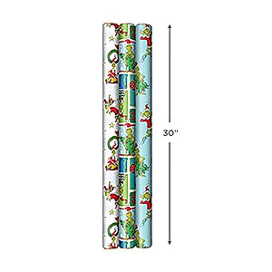 Hallmark Grinch Wrapping Paper for Kids (3 Rolls: 105 Sq. Ft. Ttl) for Christmas with Blue Tiles, White Snowflakes, Cindy Lou Who, Max