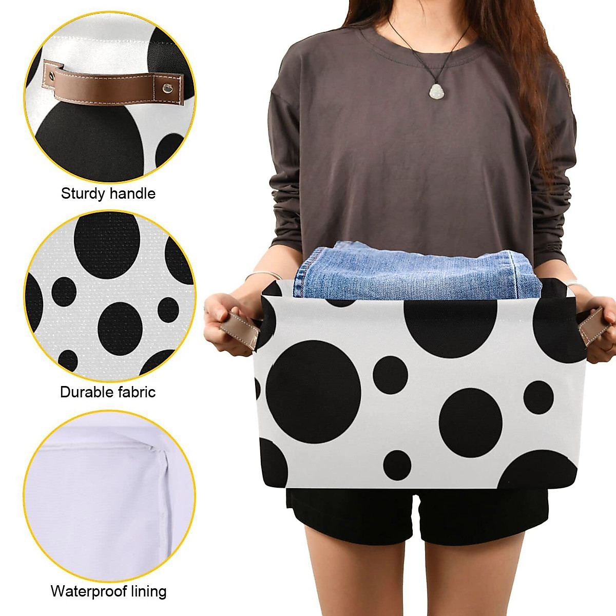 Kigai Black and White Polka Dot Storage Basket, Foldable Canvas Cube Storage Bin with Handles for Home Office Closet, 1pcs