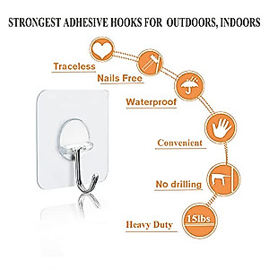Fotosnow Adhesive Hooks Heavy Duty 15lbs(Max) Transparent Wall Hooks Reusable Seamless Shower Hooks Stick on Hooks for Hanging Bathroom Kitchen Outdoors -10 Pack