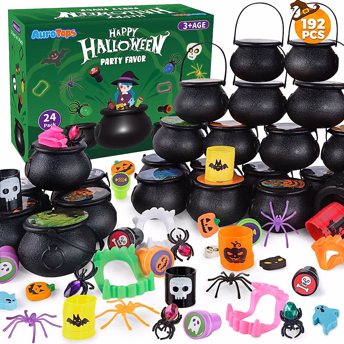 Halloween Party Favor for Kids, 24 Pack Prefilled Small Plastic Witch Cauldron Halloween Miniatures Novelty Toy in Bulk, Halloween Trick or Treat Toys Prizes Rewards Gifts Miniatures for Kids