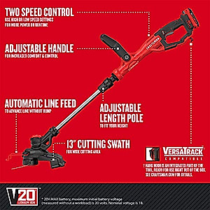 CRAFTSMAN V20 WEEDWACKER Cordless String Trimmer, 13”, Adjustable Pole Length, 2-Speed Control, Spool Included (CMCST900D1)